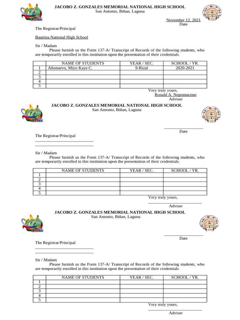 REQUEST FORM SF10 Añonuevo | PDF