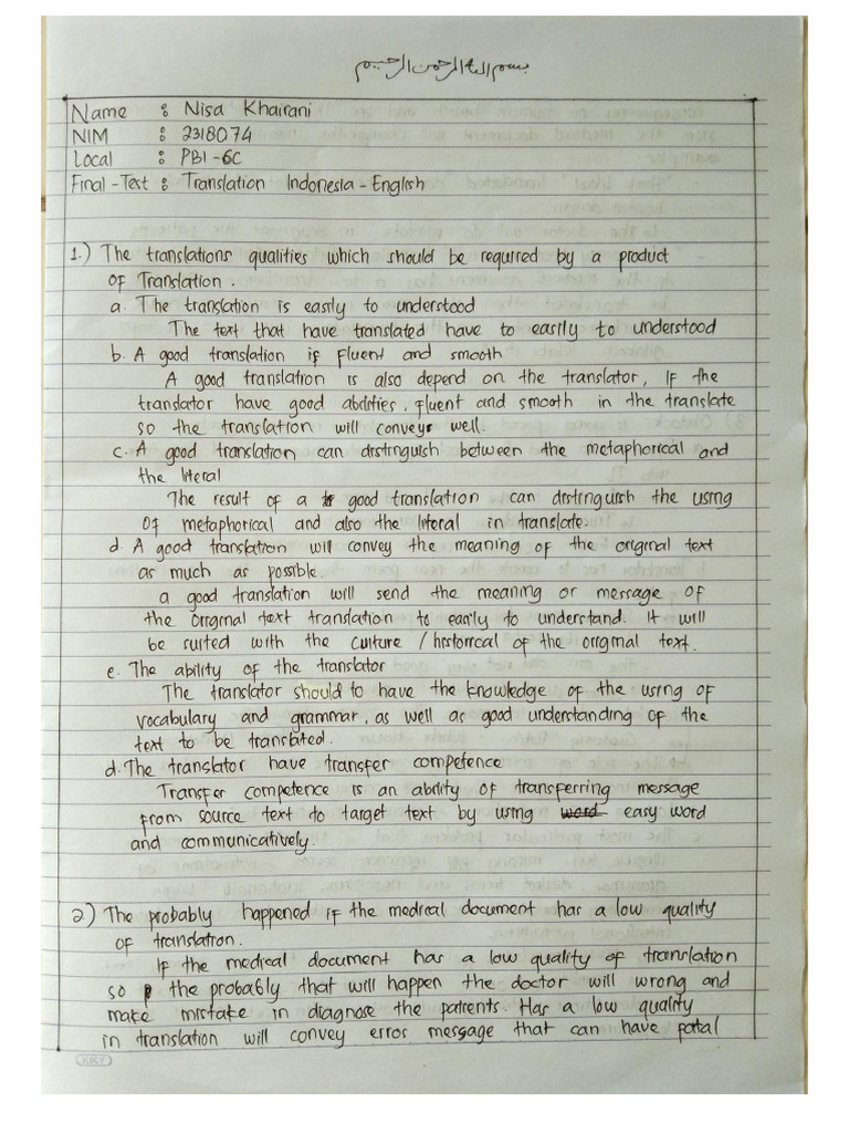 UAS NISA KHAIRANI (2318074) TRANSLATION INDO-ENG 6C | PDF