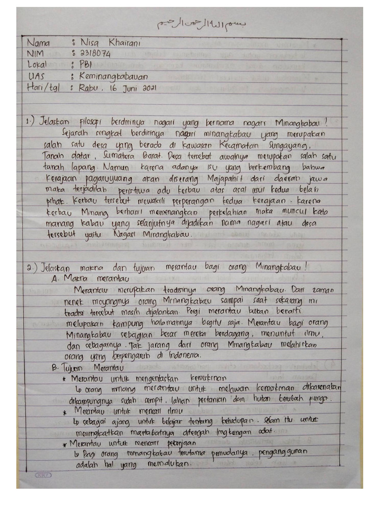 UAS NISA KHAIRANI (2318074) KEMINANGKABAUAN | PDF