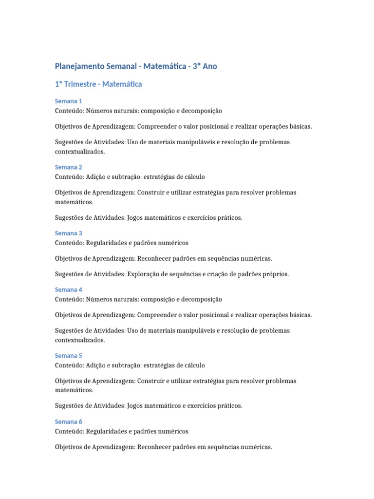 Planejamento Semanal Matematica 3ano | PDF | Matemática | Aprendizado