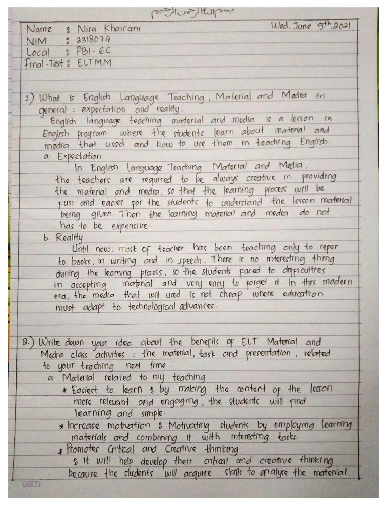 UAS NISA KHAIRANI (2318074) ELTMM 6C | PDF