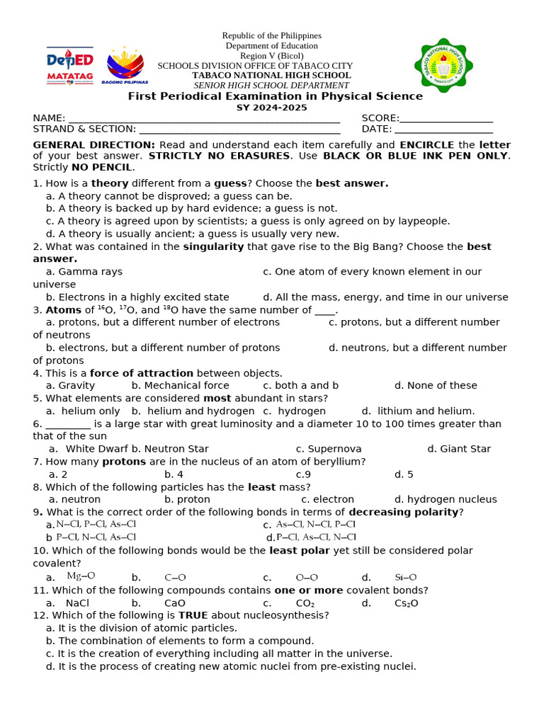 Physical Science Exam: SY 2024-2025 | PDF | Neutron | Chemical Elements
