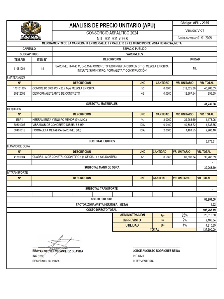 Análisis de Precios Unitarios APU 2025 | PDF