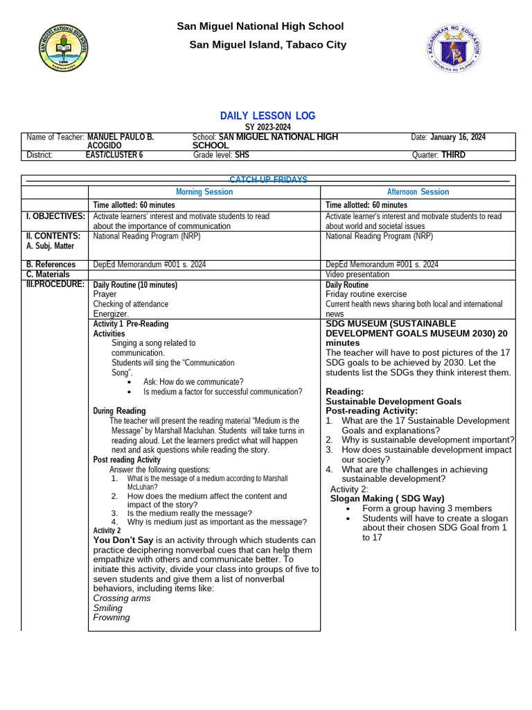 Daily Lesson Log for SHS Communication Skills | PDF | Nonverbal ...