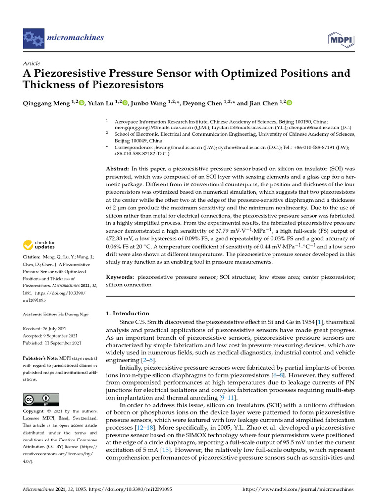 A Piezoresistive Pressure Sensor With Optimized Positions and Thickness ...