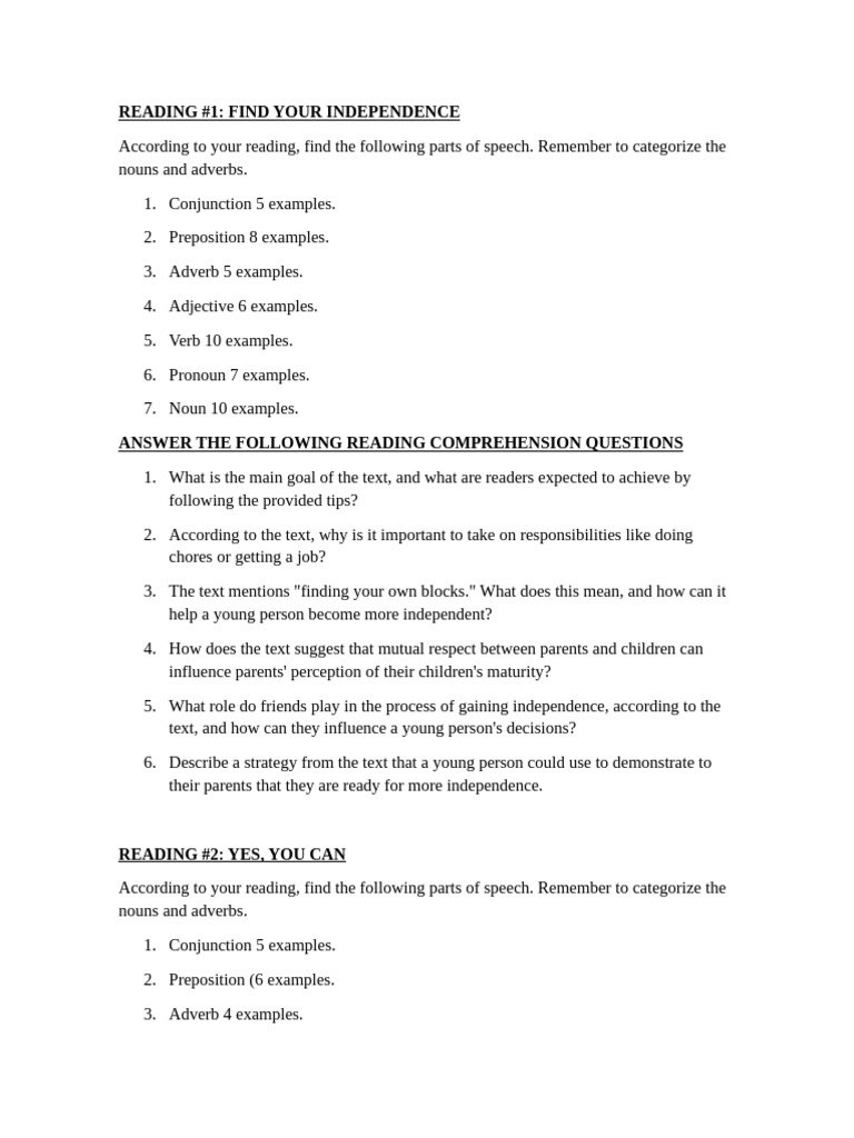 Readings Activity Questions | PDF | Part Of Speech | Adverb