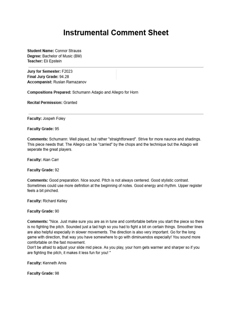 Connor Strauss Comment Sheet | PDF | Tempo | Musicology