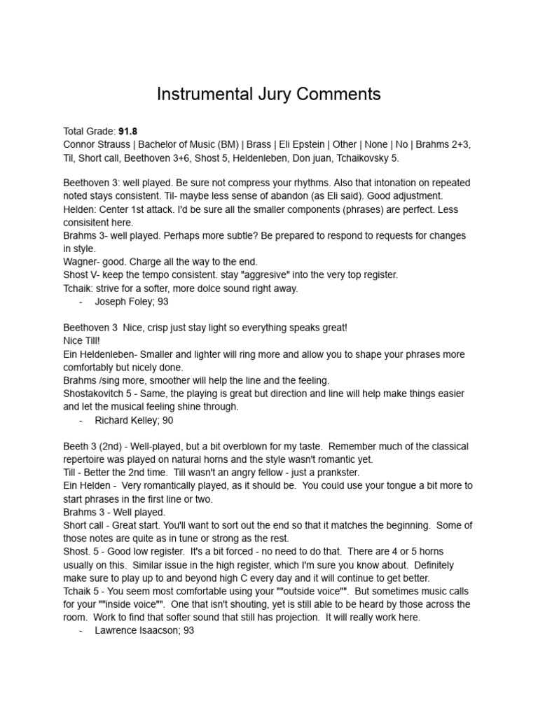 Connor Strauss SP23 Jury Comment Sheet | PDF | Johannes Brahms | Pyotr Ilyich Tchaikovsky