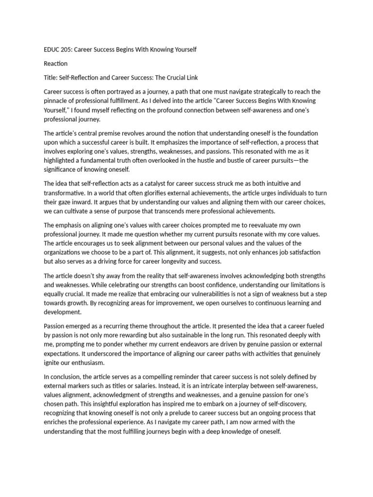 EDUC 205 Career Success Begins With Knowing Yourself | PDF | Psychological Resilience | Self ...