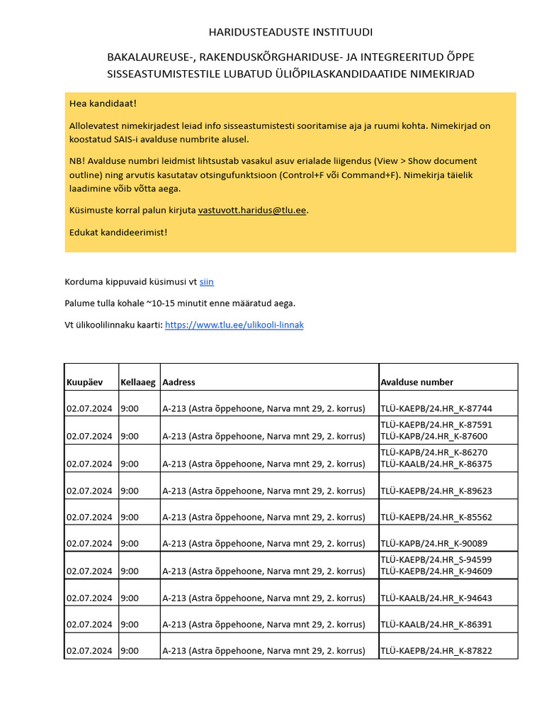 HTI Vastuvõtueksamite Nimekirjad Kodulehele BA, RKH, InT | PDF