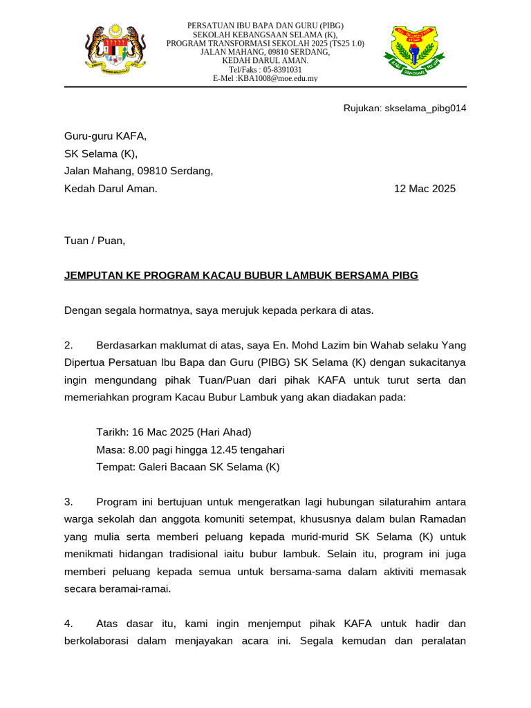 Surat Rasmi Jemputan Kafa Bubur Lambuk | PDF
