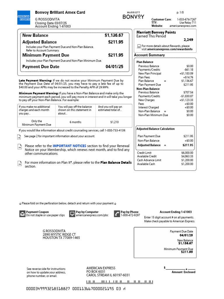 New Balance $1,136.67 Adjusted Balance $211.95: Bonvoy Brilliant Amex ...