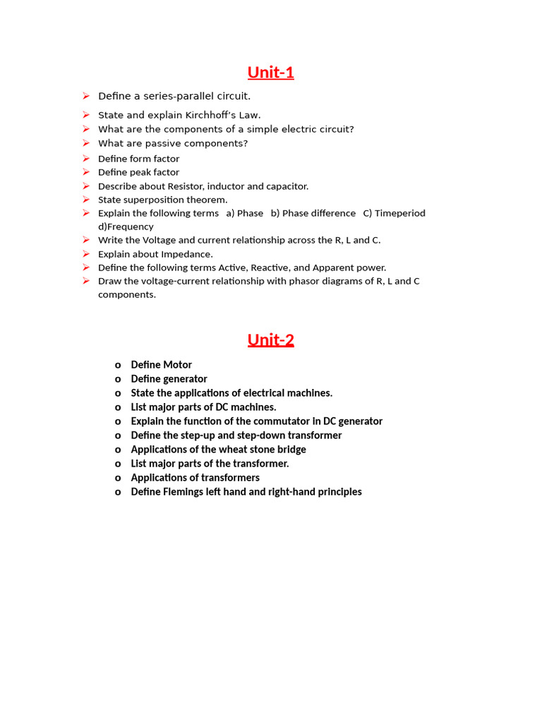 Unit Wise Short Answer Questions | PDF | Rectifier | Electrical Network
