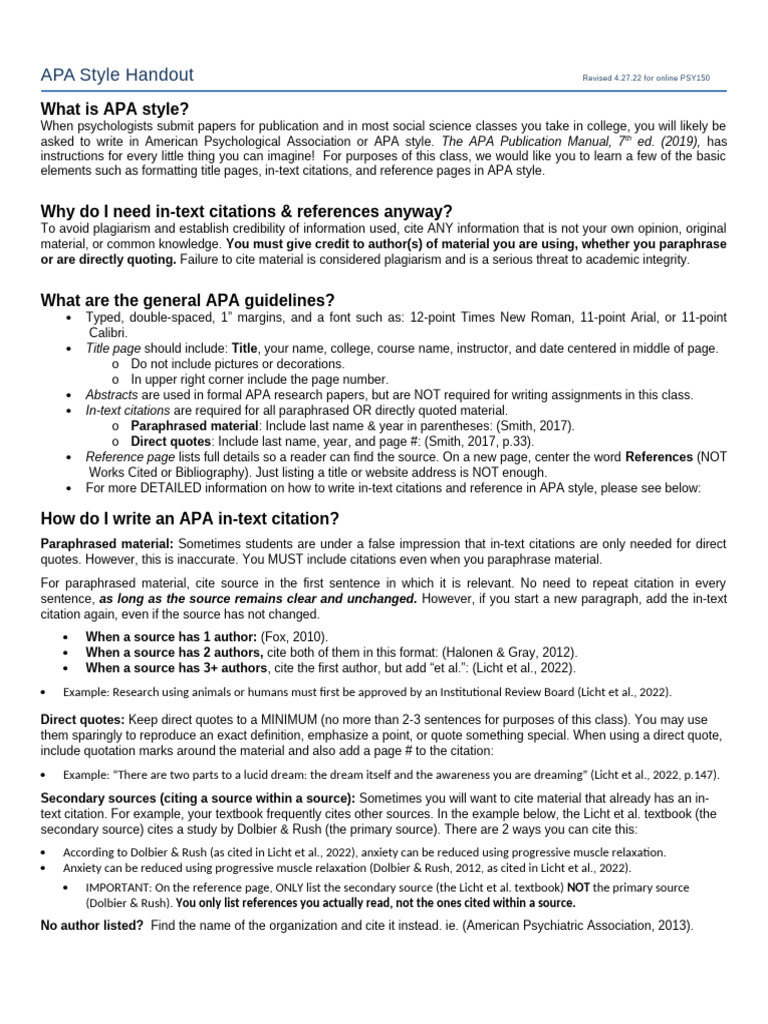 APA Handout (General Online) 4.27.22 | PDF | Apa Style | Survey Methodology