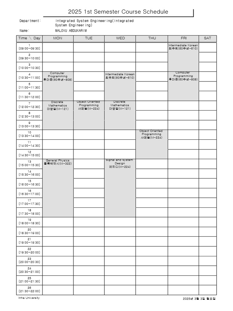 2025 1st Semester Course Schedule: FRI Time Day MON TUE WED THU SAT | PDF
