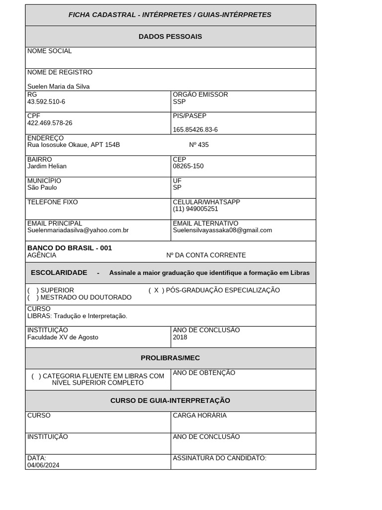 Ficha Cadastral Intérprete - Guia-Intérprete de Libras_assinada | PDF
