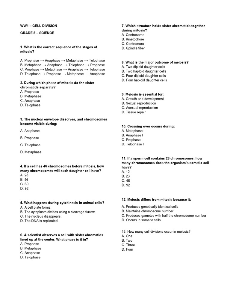 Mitosis and Meiosis Quiz for Grade 8 | PDF | Meiosis | Mitosis