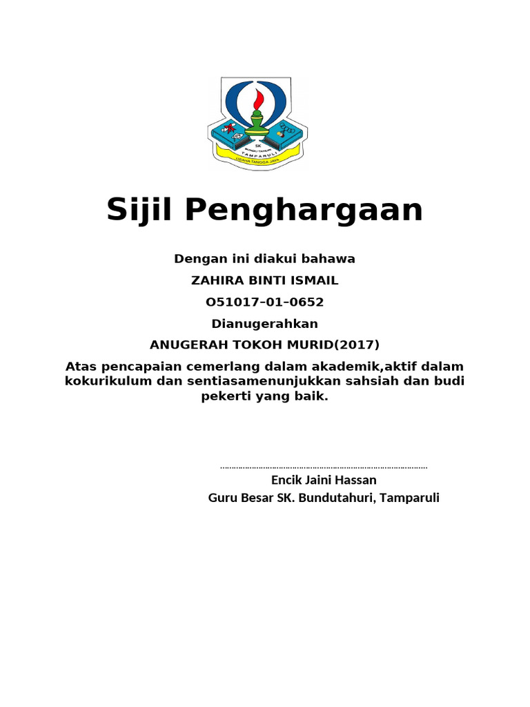 Sijil Penghargaan TOKOH MURID | PDF