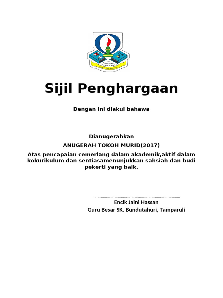 Sijil Penghargaan Tokoh Murid 1 | PDF