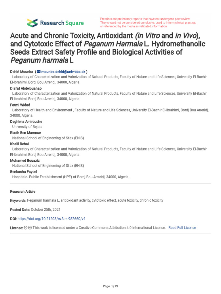 (In Vitro in Vivo Peganum Harmala Peganum Harmala | PDF | Antioxidant | Reactive Oxygen Species