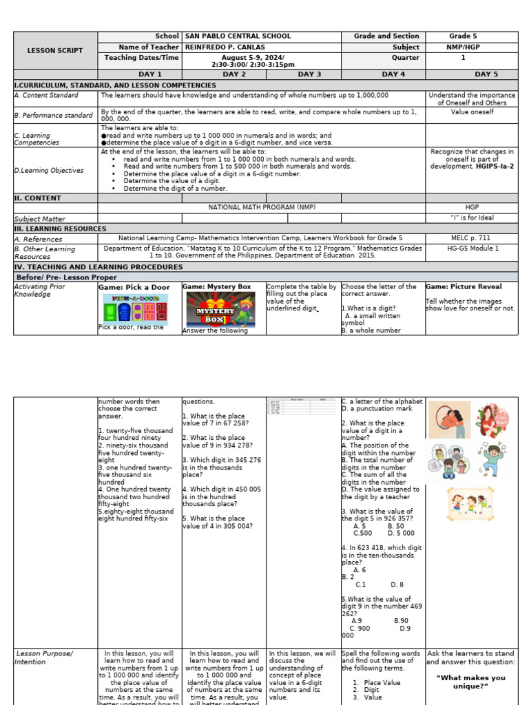 Grade 5 NMP HGP Week DLL | PDF | Learning | Curriculum