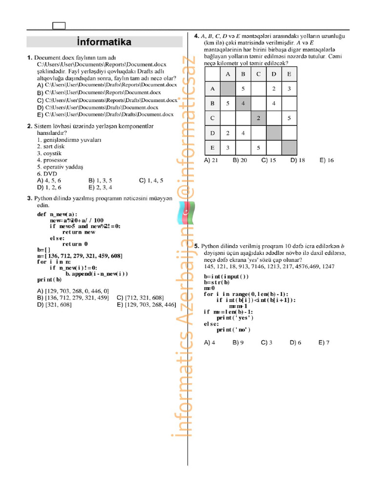 Informatika Qəbul Sınağı I Qrup Az | PDF