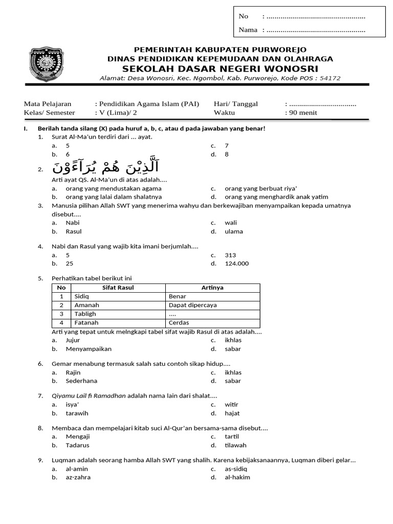 Soal Pat Pai Kelas 5 | PDF