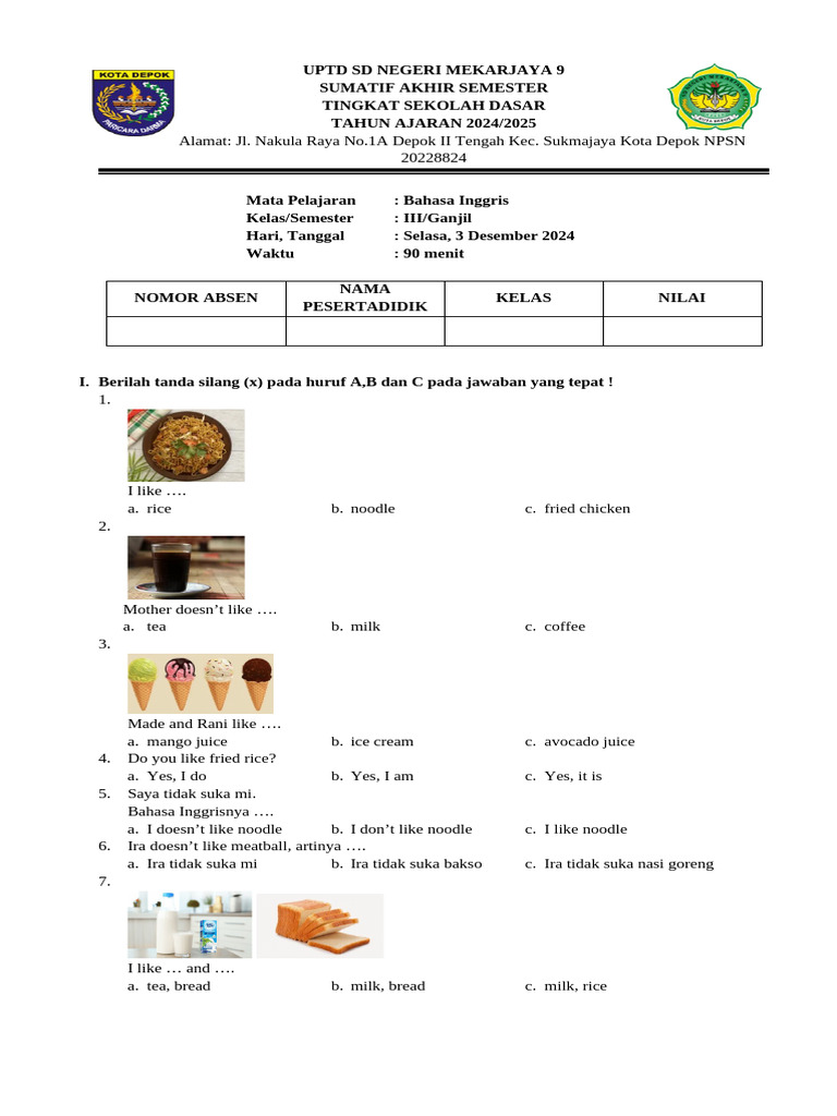 SAS 1 Bahasa Inggris Kelas 3 Semester 1 | PDF