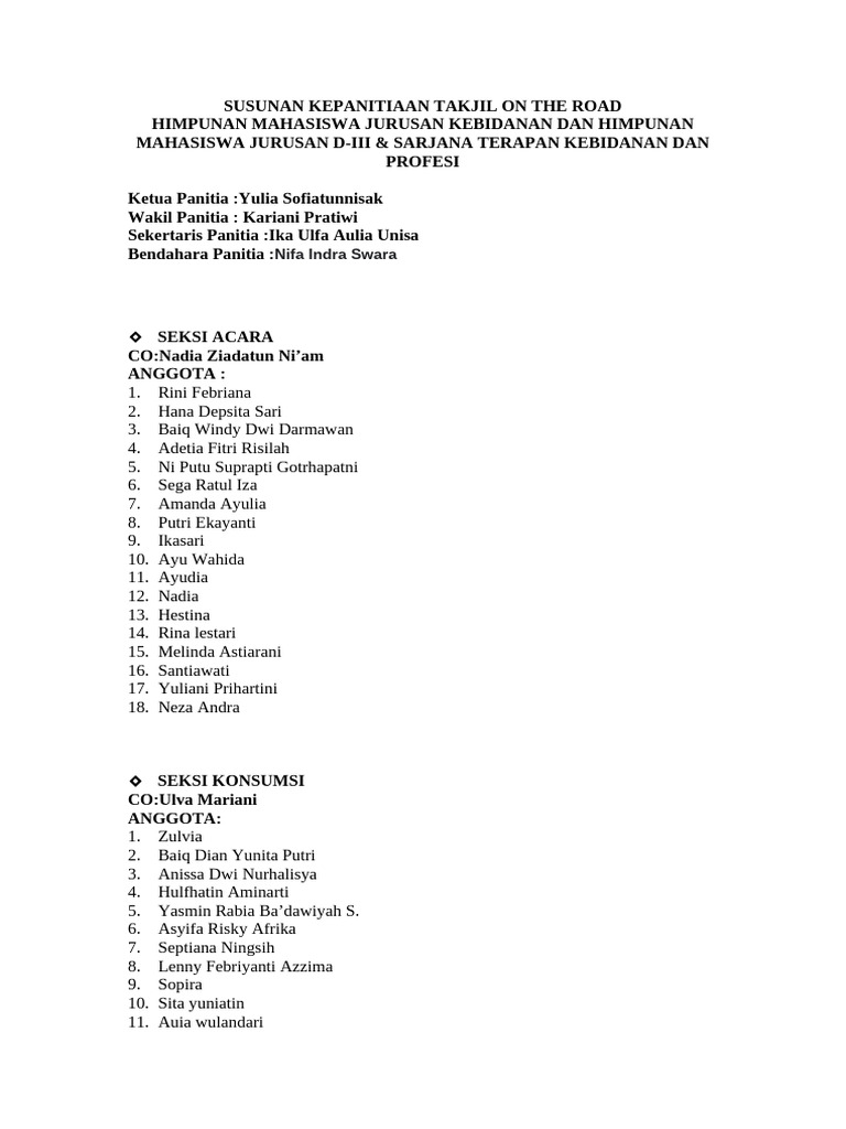 Susunan Kepanitiaan Takjil On The Road 2024 | PDF