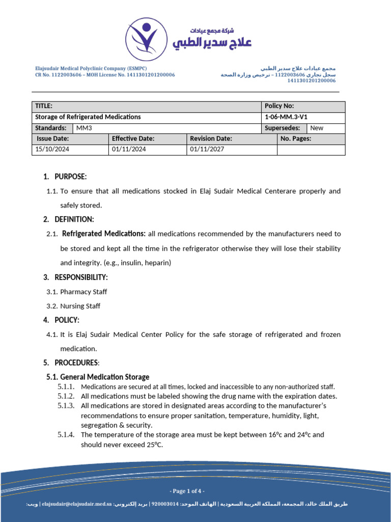 Refrigerated Medication Storage Policy | PDF | Refrigerator