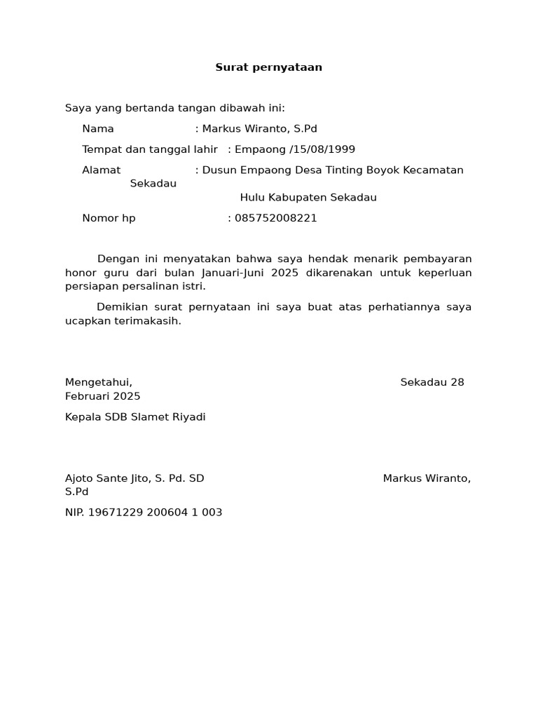 Surat Pernyataan Penarikan Honor Guru | PDF