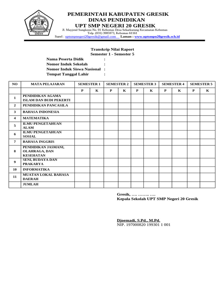 Format Transkrip Nilai Siswa | PDF
