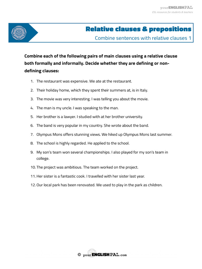 Your English Pal Grammar Worksheet Relative Clauses Prepositions Combine Sentences 1 | PDF ...