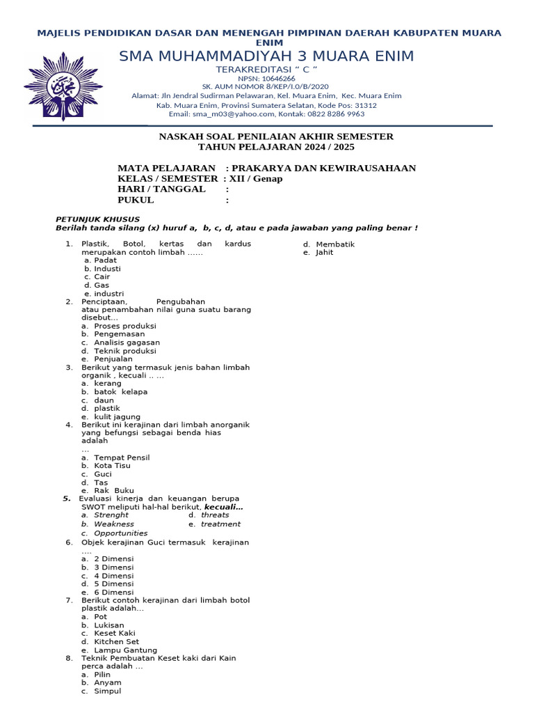 Soal PKWU KELAS XI GENAP 2024 | PDF