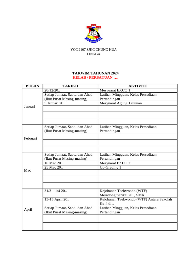 Contoh Takwim Tahunan Kelab Persatuan | PDF