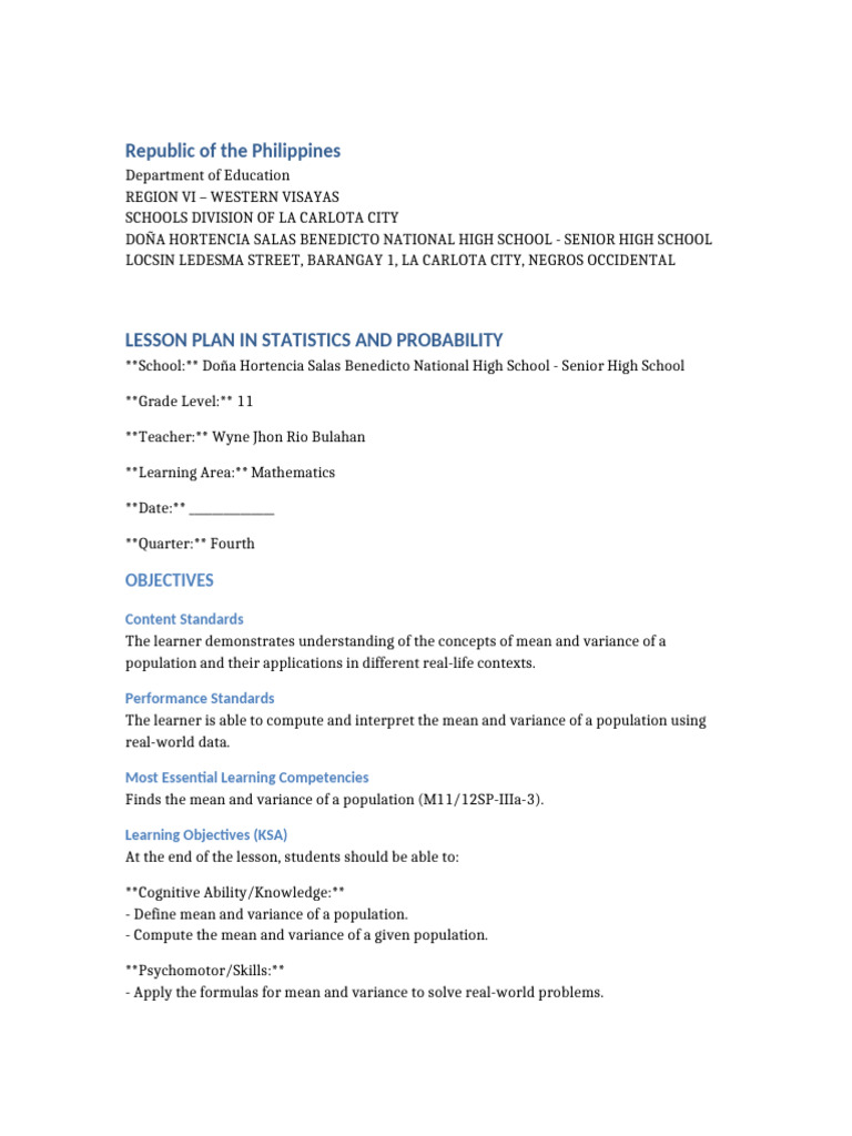 Lesson Plan Statistics | PDF | Statistics | Learning