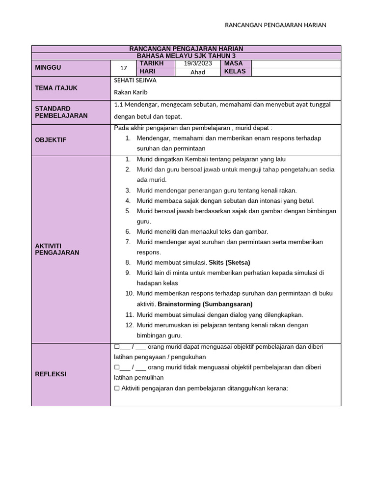 RPH RINGKAS MINGGU 17 BM SJK THN 3 2023 BY CIKGU GORGEOUS | PDF