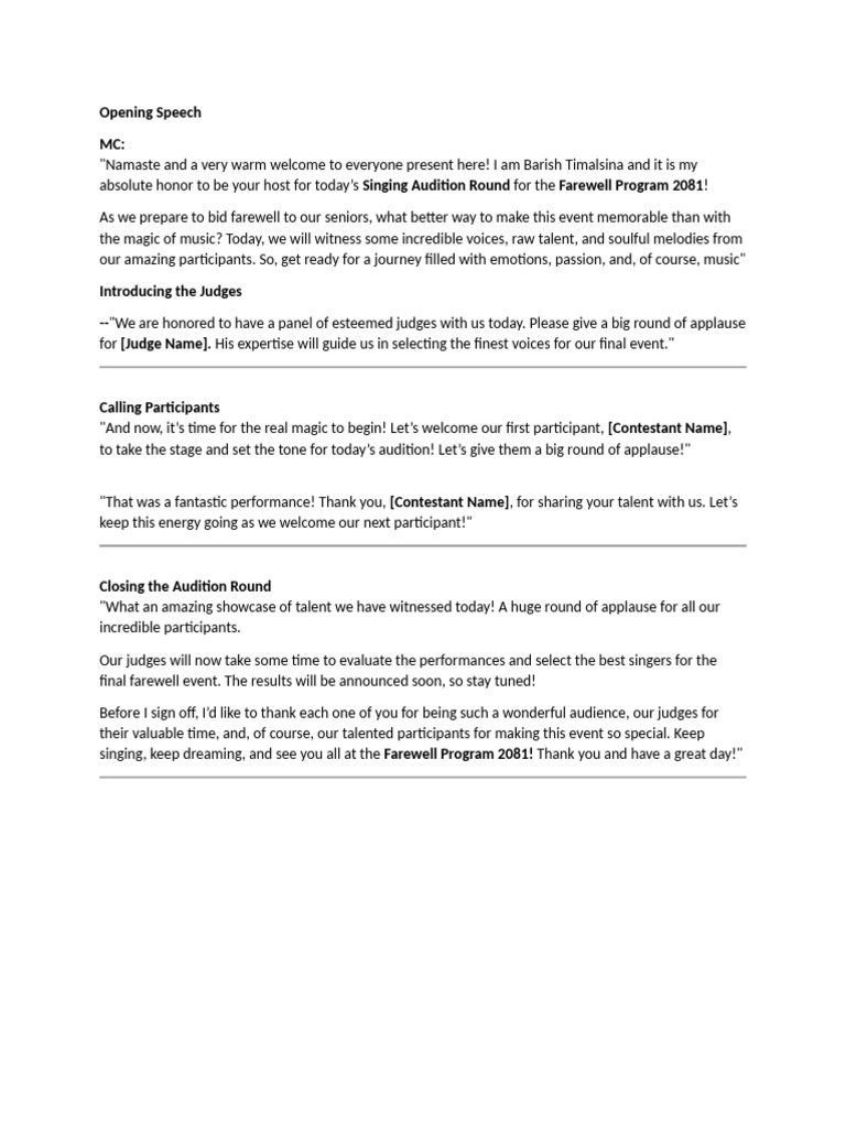 MC Script For Singing Audition For Farewell | PDF