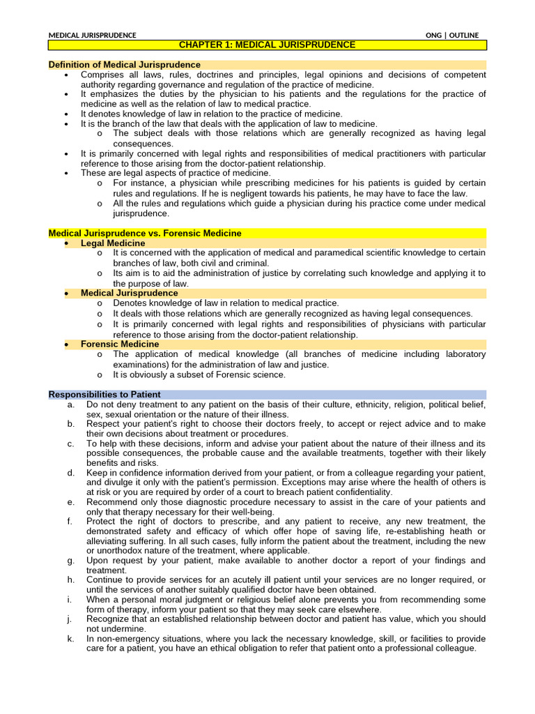 Medical Jurisprudence - Outline | PDF | Medicine | Burden Of Proof (Law)