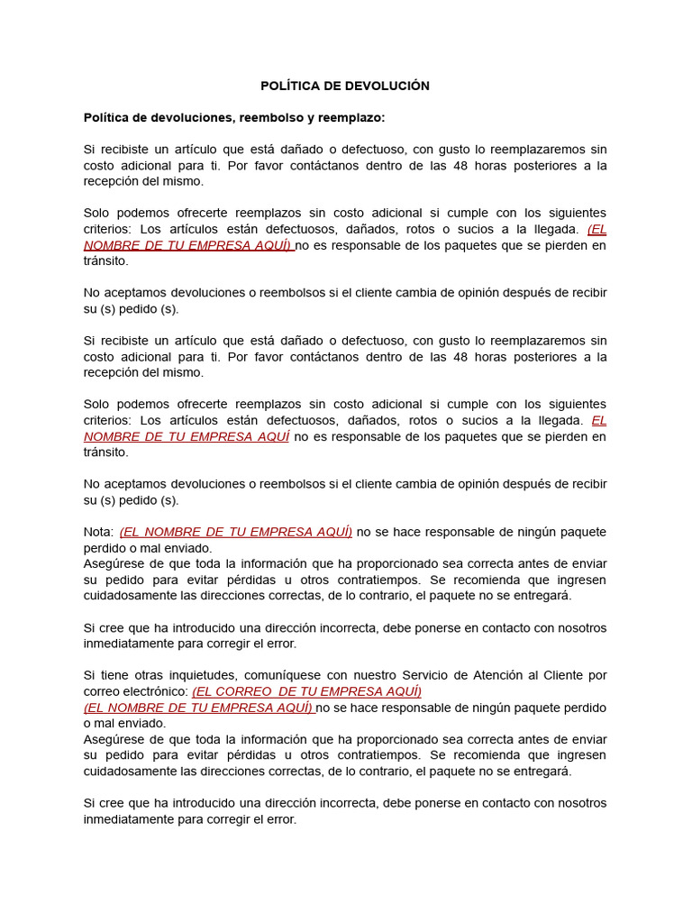 Poli Tica de Devolucio N | PDF | Business