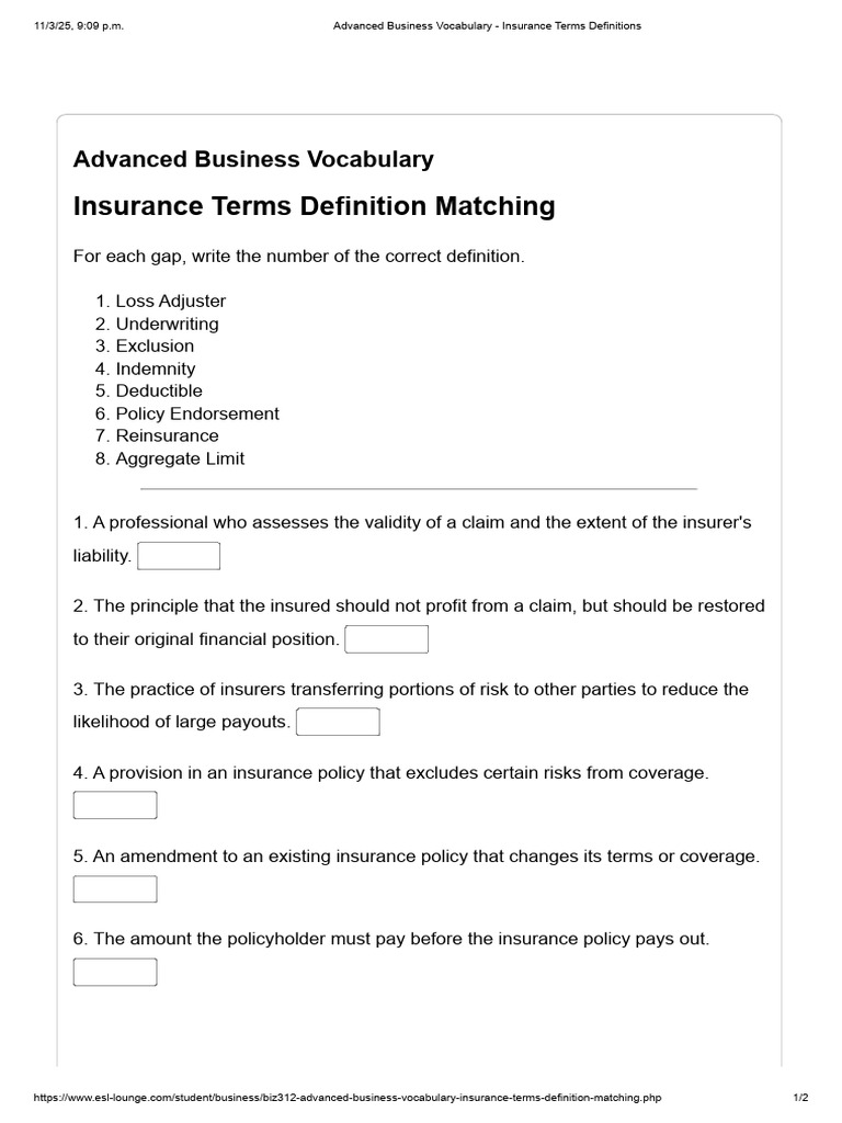 Advanced Business Vocabulary - Insurance Terms Definitions | PDF