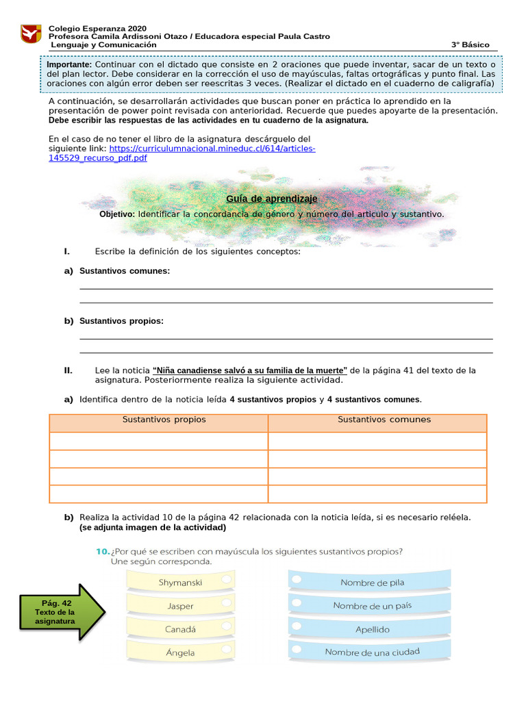 Guía Concordancia de Género y Número Del Articulo y Sustantivo Lenguaje ...