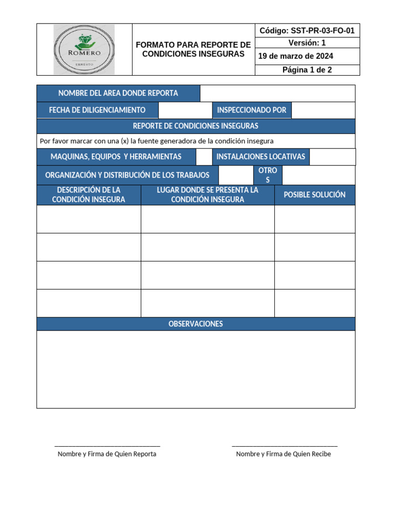 Sst-Pr-03-Fo-01 Formato para Reporte de Condiciones Inseguras | PDF