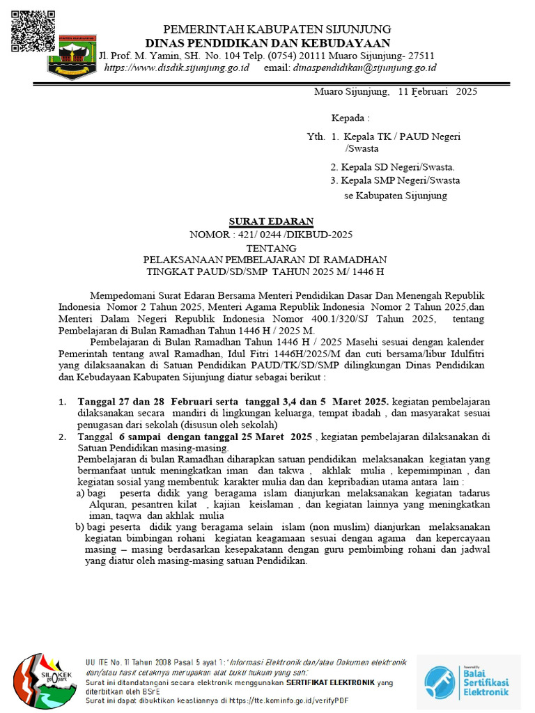 Surat Edaran Pembelajaran Ramadhan 1446 H 2025 M | PDF