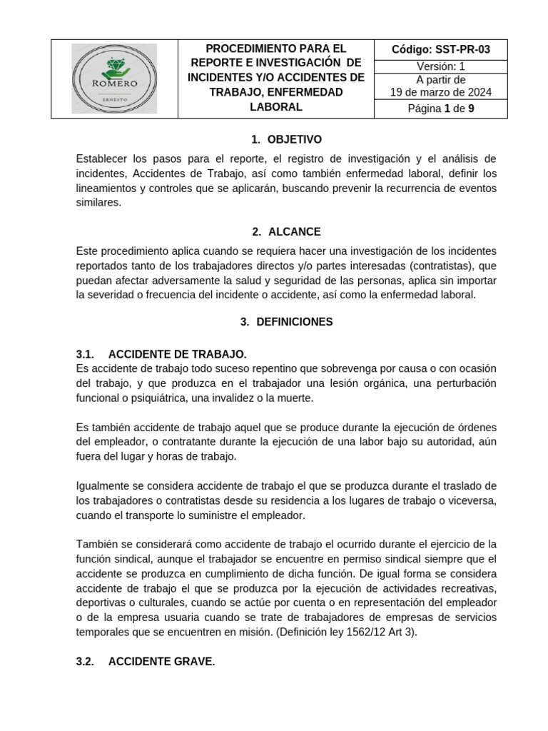 SST-PR-03 Procedimiento Reporte e Investigacion de Inc. A.T | PDF