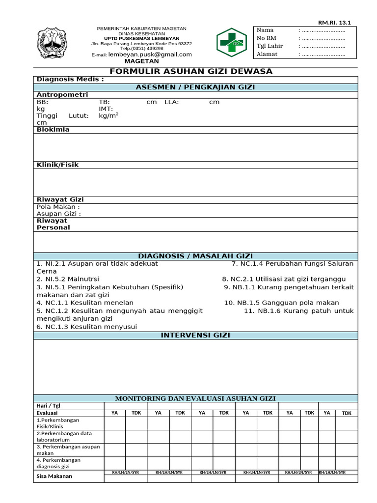Formulir Asuhan Gizi Dewasa | PDF