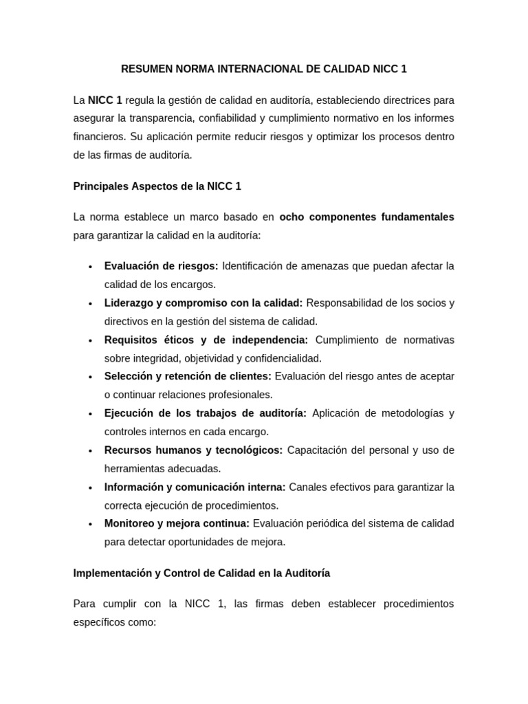 Resumen Norma Internacional de Calidad Nicc 1 | PDF