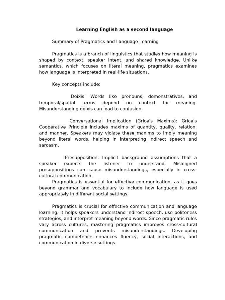 Mastering English: Pragmatics & Learning | PDF | Language Acquisition ...