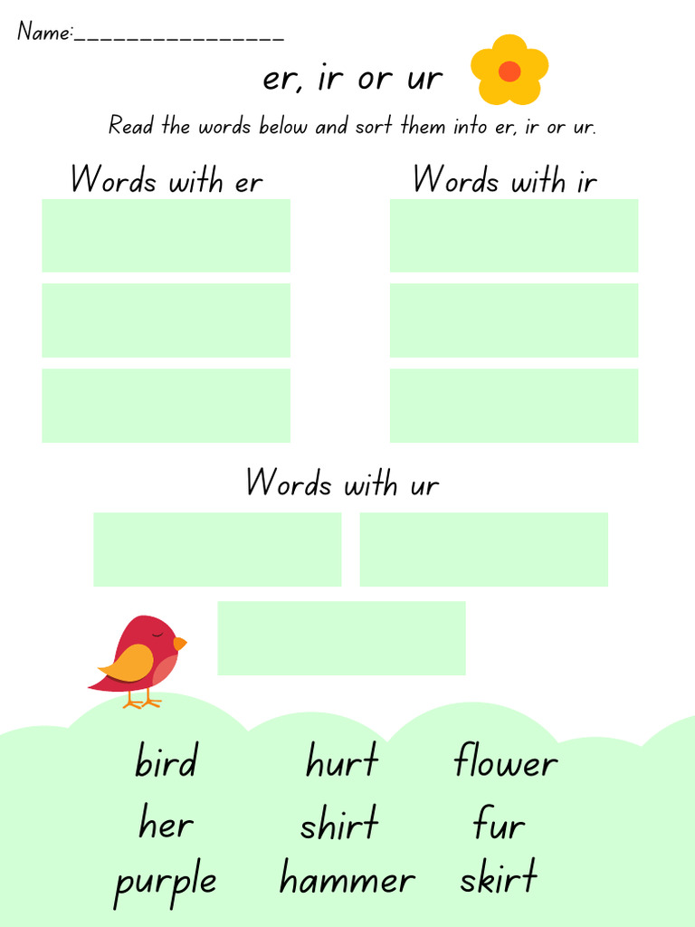 'Er', 'Ir' or 'Ur' Sound Spelling Phonics Alternatives Worksheet | PDF