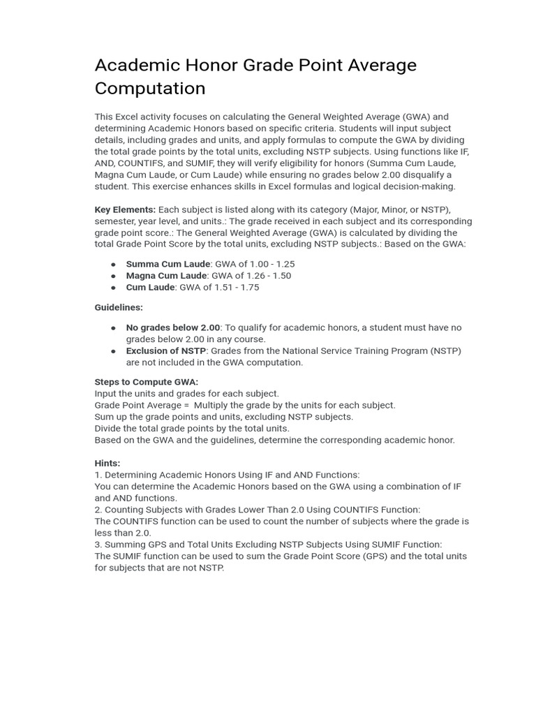 Academic Honor Grade Point Average Computation | PDF